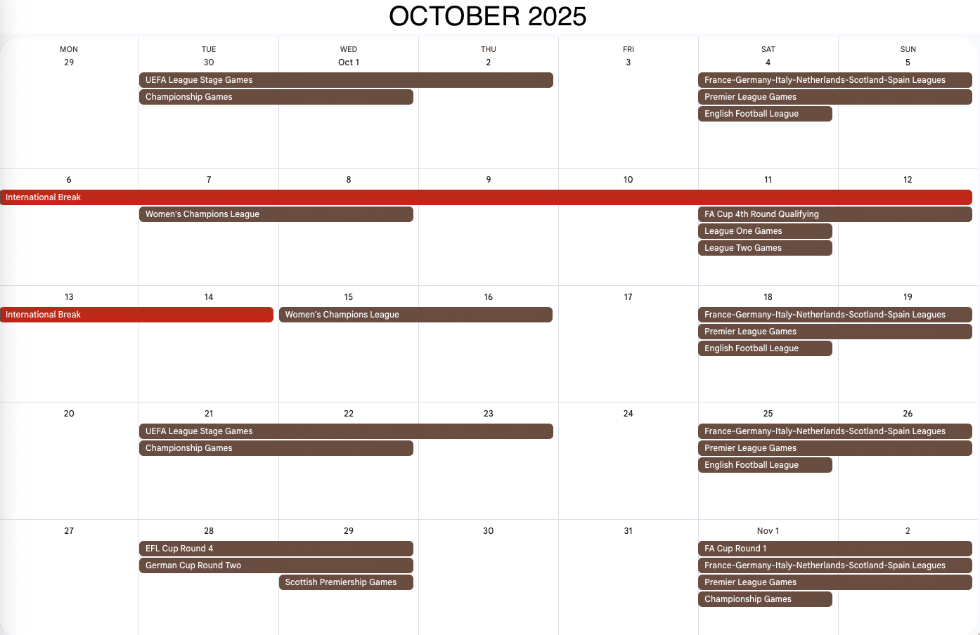 The 2025-26 English and European Football Calendar